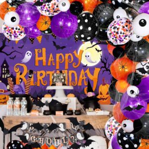 Halloween Birthday Party Decorations, Halloween Birthday Backdrop Banner Purple Orange Balloon Garland Arch Kit Confetti Balloons with Spider Web Bat Stickers for Halloween Theme Party Decorations