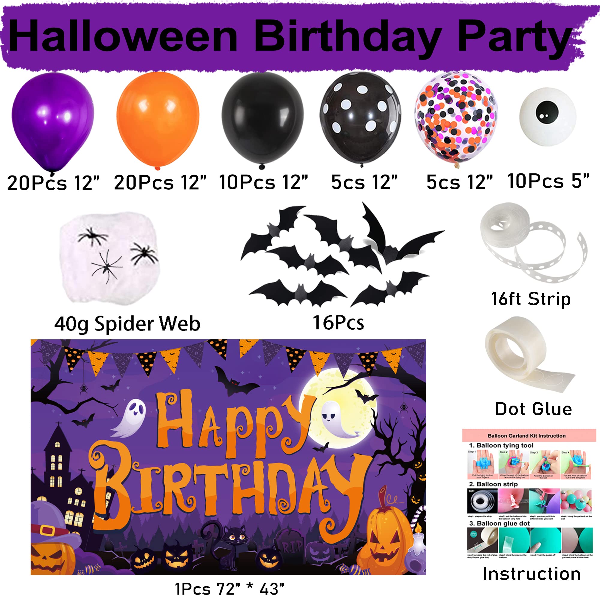 Halloween Birthday Party Decorations, Halloween Birthday Backdrop Banner Purple Orange Balloon Garland Arch Kit Confetti Balloons with Spider Web Bat Stickers for Halloween Theme Party Decorations