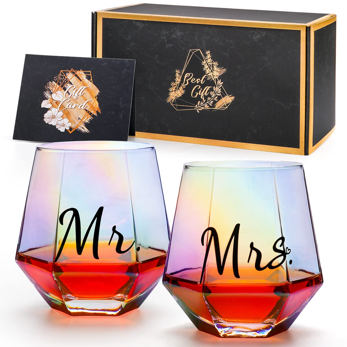 Ymyaye Mr and Mrs Wine Glasses Set of 2 Wedding gifts, Engagement Gift, Iridescent Diamond Shaped Wine Glasses for Couples Gifts, Unique Colorful Stemless Wine Glasses for His and Hers (Mr. and Mrs.)