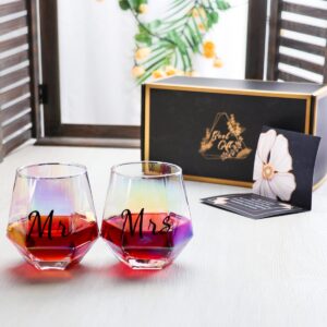 Ymyaye Mr and Mrs Wine Glasses Set of 2 Wedding gifts, Engagement Gift, Iridescent Diamond Shaped Wine Glasses for Couples Gifts, Unique Colorful Stemless Wine Glasses for His and Hers (Mr. and Mrs.)