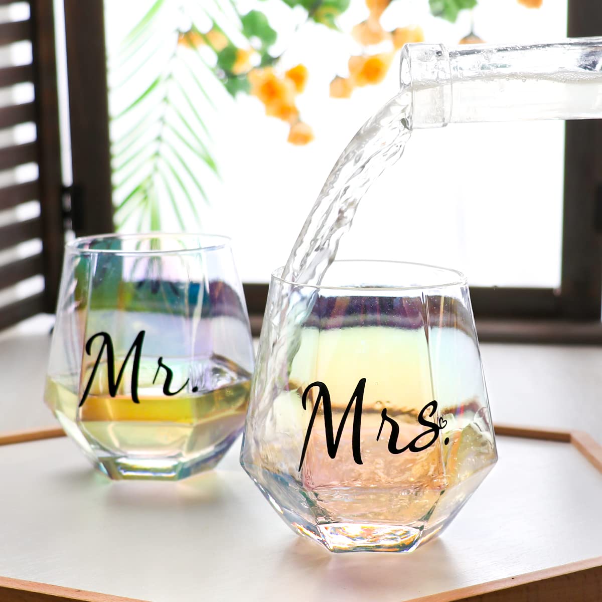 Ymyaye Mr and Mrs Wine Glasses Set of 2 Wedding gifts, Engagement Gift, Iridescent Diamond Shaped Wine Glasses for Couples Gifts, Unique Colorful Stemless Wine Glasses for His and Hers (Mr. and Mrs.)