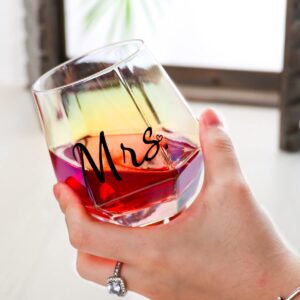 Ymyaye Mr and Mrs Wine Glasses Set of 2 Wedding gifts, Engagement Gift, Iridescent Diamond Shaped Wine Glasses for Couples Gifts, Unique Colorful Stemless Wine Glasses for His and Hers (Mr. and Mrs.)