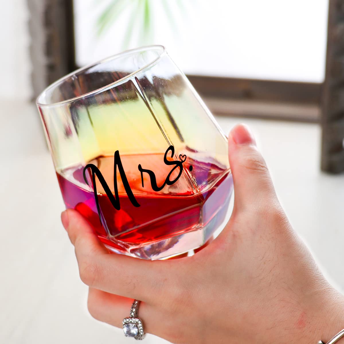 Ymyaye Mr and Mrs Wine Glasses Set of 2 Wedding gifts, Engagement Gift, Iridescent Diamond Shaped Wine Glasses for Couples Gifts, Unique Colorful Stemless Wine Glasses for His and Hers (Mr. and Mrs.)