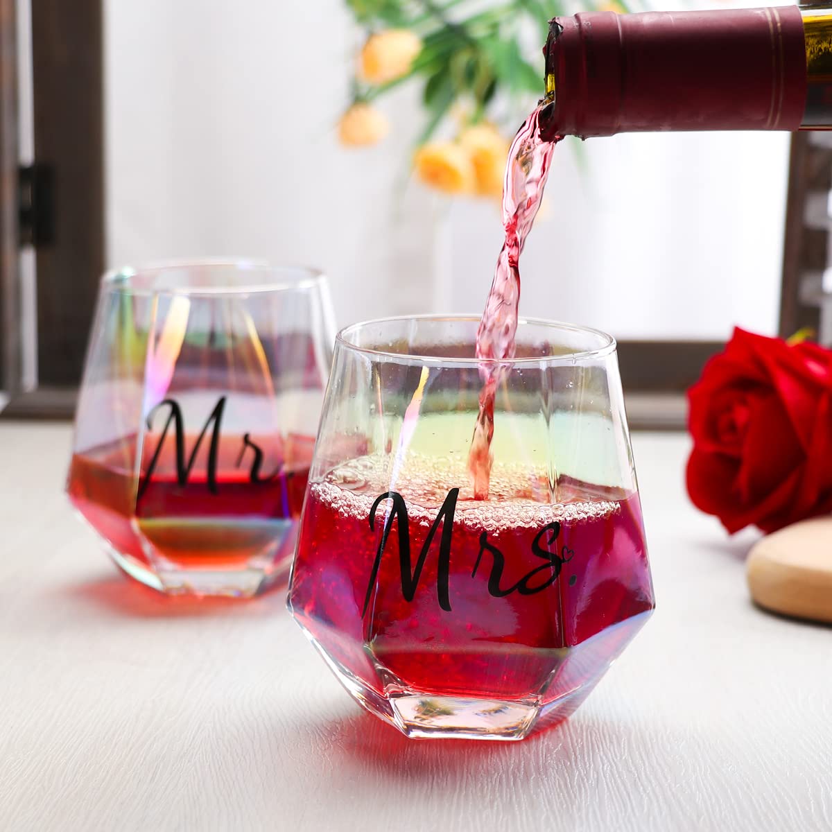 Ymyaye Mr and Mrs Wine Glasses Set of 2 Wedding gifts, Engagement Gift, Iridescent Diamond Shaped Wine Glasses for Couples Gifts, Unique Colorful Stemless Wine Glasses for His and Hers (Mr. and Mrs.)