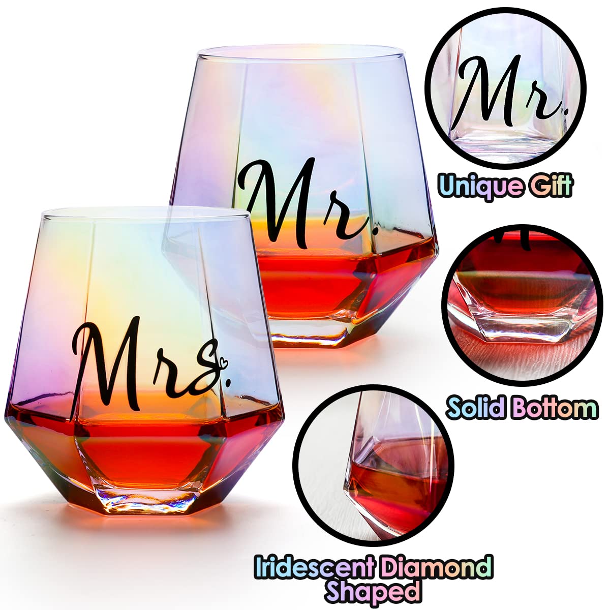 Ymyaye Mr and Mrs Wine Glasses Set of 2 Wedding gifts, Engagement Gift, Iridescent Diamond Shaped Wine Glasses for Couples Gifts, Unique Colorful Stemless Wine Glasses for His and Hers (Mr. and Mrs.)