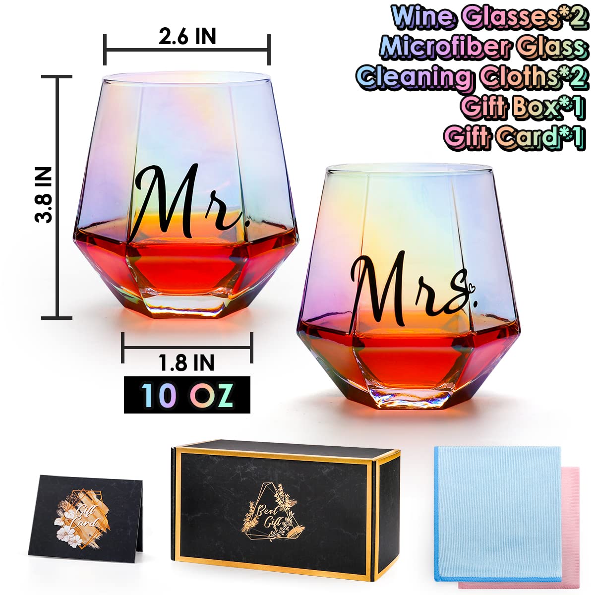 Ymyaye Mr and Mrs Wine Glasses Set of 2 Wedding gifts, Engagement Gift, Iridescent Diamond Shaped Wine Glasses for Couples Gifts, Unique Colorful Stemless Wine Glasses for His and Hers (Mr. and Mrs.)