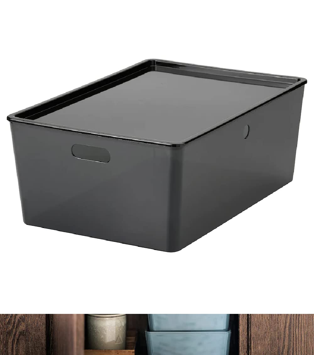 KUGGIS Box with Lid, Transparent Black, 14 ½x21 ¼x8 ¼ " Large Stackable Storage Containers Paper & Media Baskets