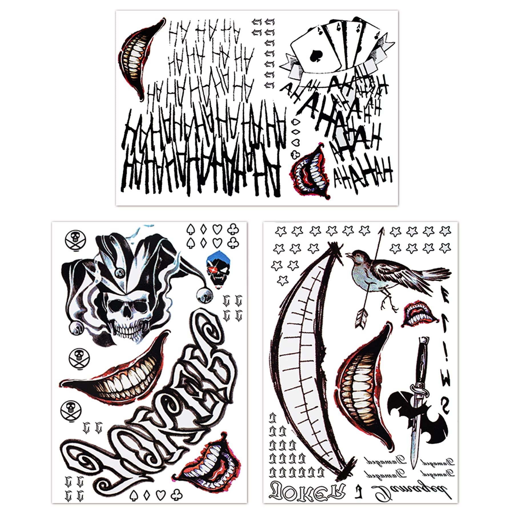 3 Sheets Joker Tattoos, Realistic & Last Long Halloween Fake Temporary Tattoo Sticker for Men - All Versions - Perfect for Halloween Cosplay Costumes Masquerade Party Makeup Accessories