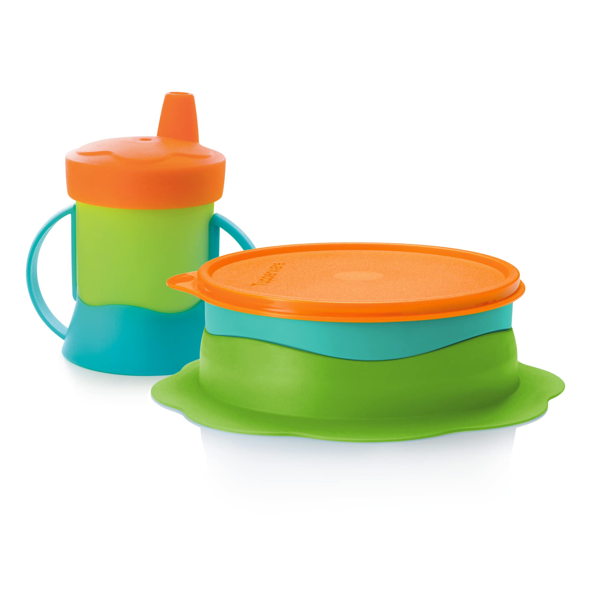 Tupperware Brand Tupperkids Feeding Set - Lime Aid, Tropical Water & Orange Peel Colors - Includes Divided Dish & Sip ‘N Care Sippy Cup