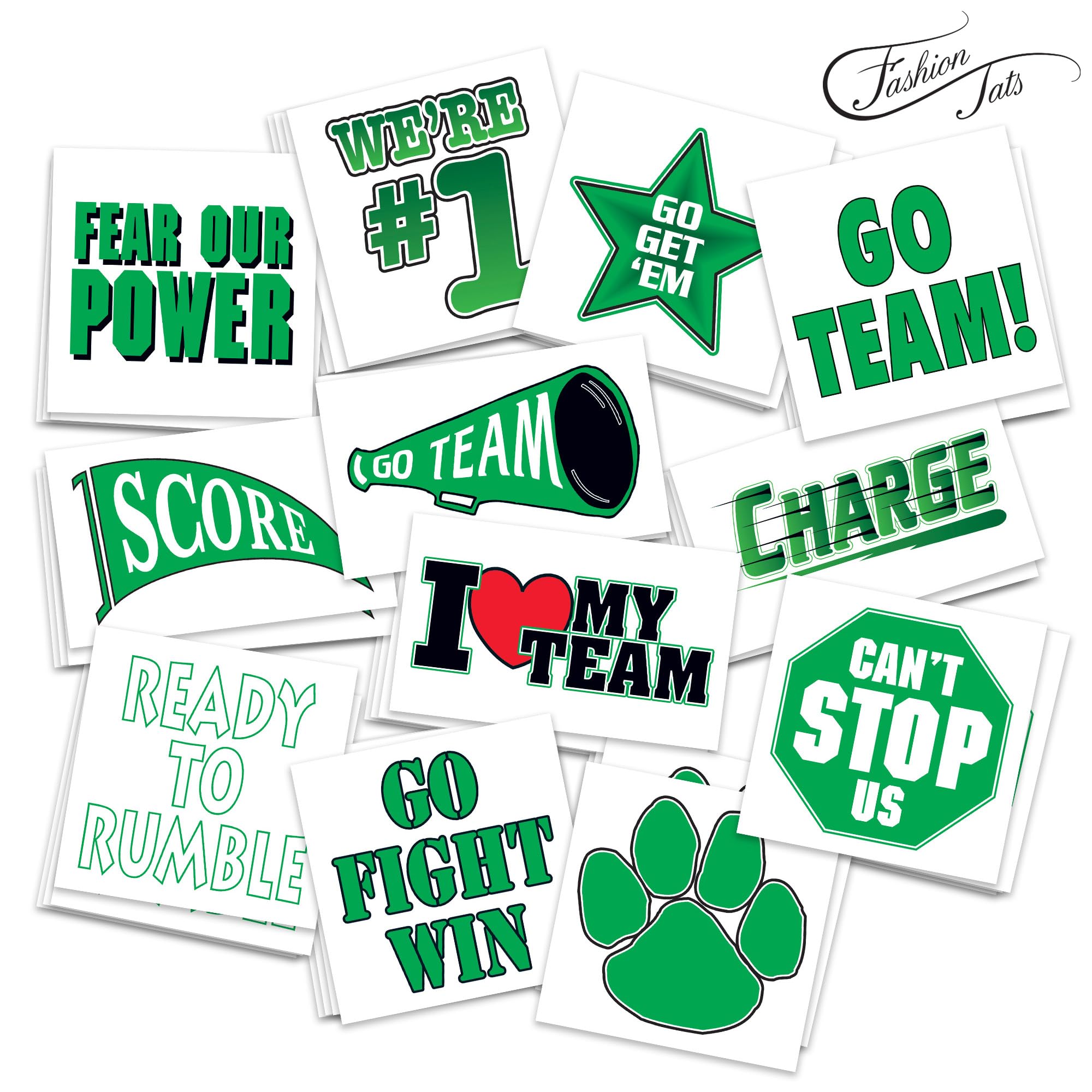 FashionTats Team Spirit Temporary Tattoos | Pack of 48 | MADE IN THE USA | Skin Safe | Removable (Green)