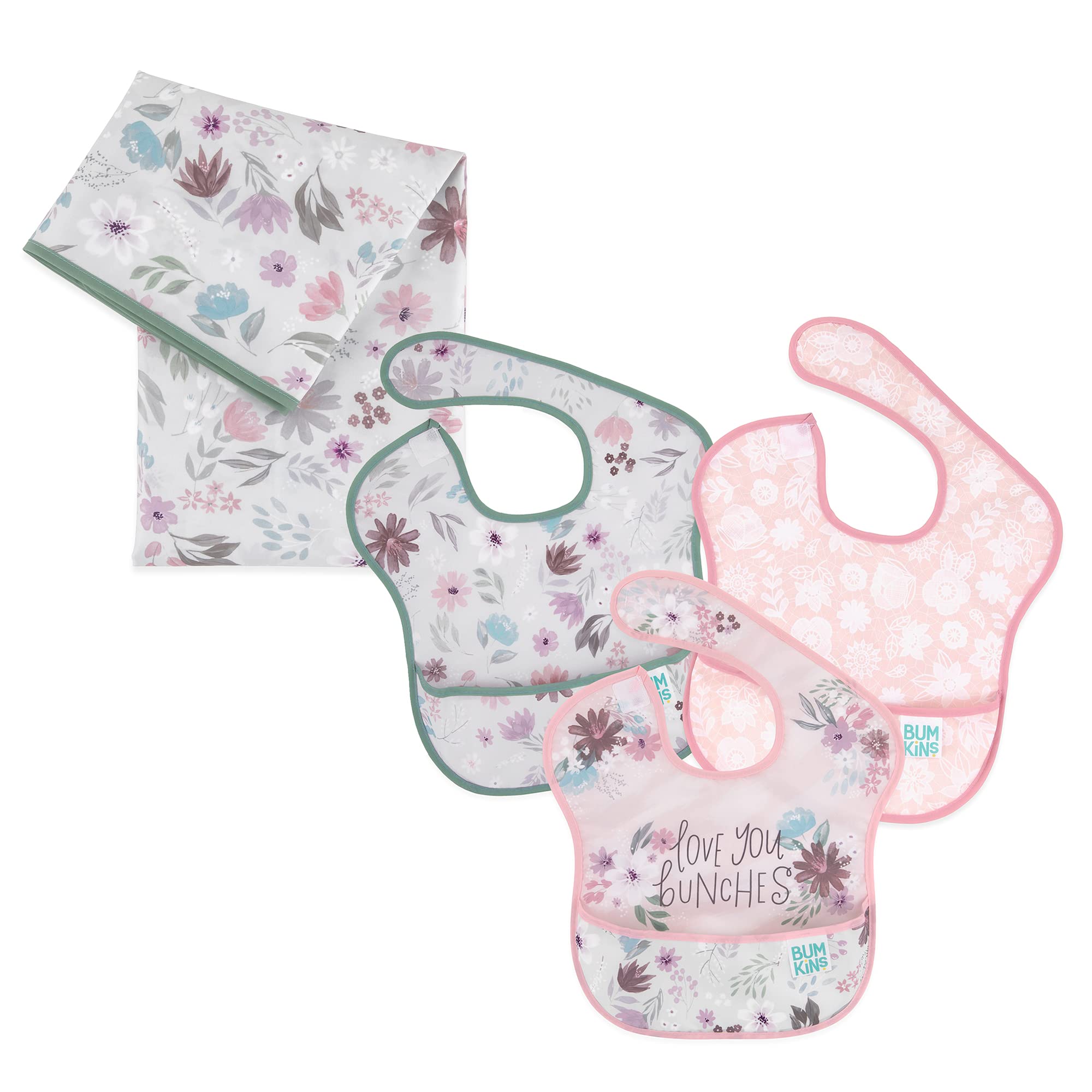 Bumkins Bibs for Girl or Boy, SuperBib Baby and Toddler 6-24 Months, Essential Must Have for Eating, Feeding Set, Waterproof Splat Mat for Under High Chair, Mess Saving, Fabric 3-pk Floral and Lace