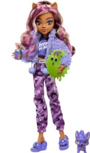 monster high doll, clawdeen wolf creepover party set with pet dog crescent, sleepover clothes and accessories