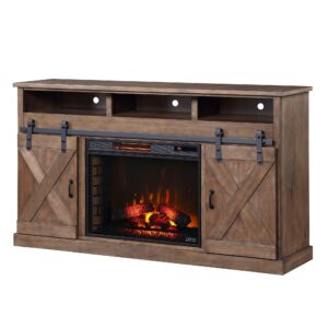 bridgevine home rustic farmhouse fireplace tv stand, 66 inches, accommodates tvs up to 80 inches, fully assembled, knotty alder solid wood, barnwood finish