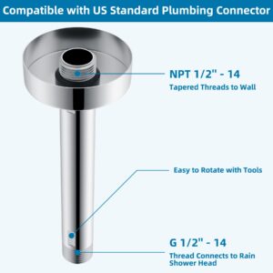 Hibbent All Metal Ceiling Mounted Shower Arm, 6 Inch Shower Head Extension Arm with Flange, Stainless Steel Straight Shower Arm For Fixed High Pressure Rain Shower Head, Shower Head Extender, Chrome