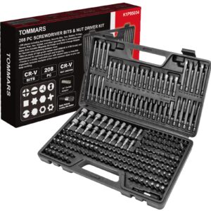 tommars 208-pc master screwdriver bit set, 1/4" hex shank screwdriver bits, nut driver and security bit set