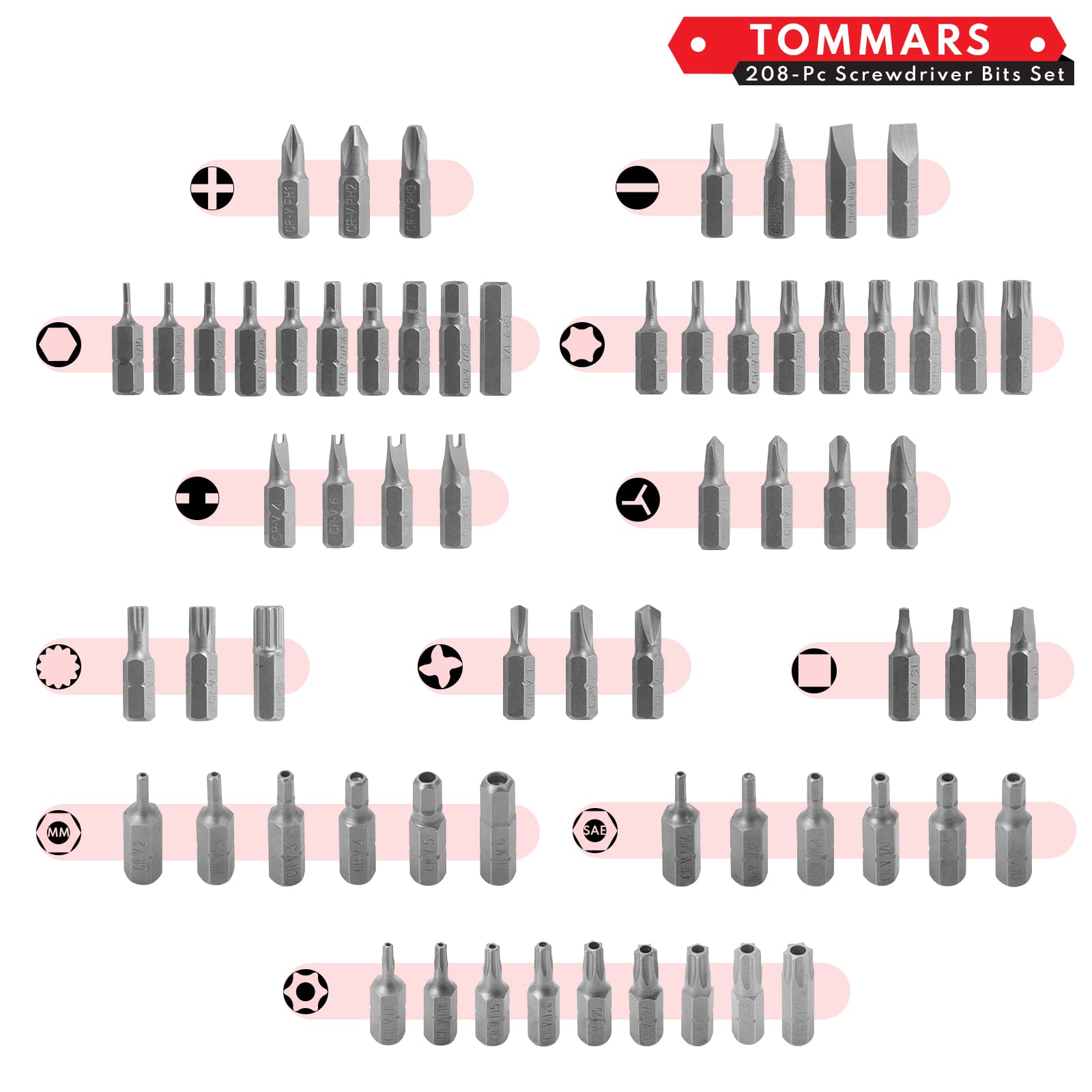 TOMMARS 208-Pc Master Screwdriver Bit Set, 1/4" Hex Shank Screwdriver Bits, Nut Driver and Security Bit Set