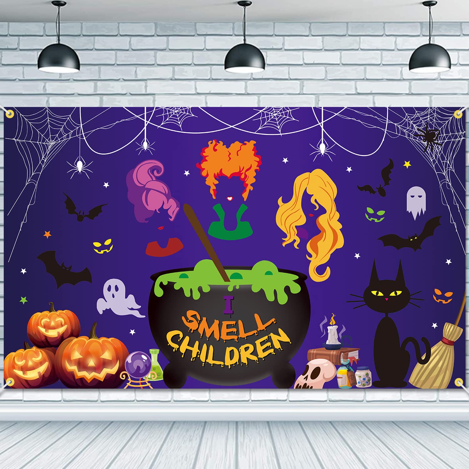 JKQ Halloween I Smell Children Backdrop Banner 73 x 43 Inch Large Size Halloween Drink Up Witches Background Banner with Pumpkin Bat Spider Signs Halloween Baby Shower Birthday Party Decorations