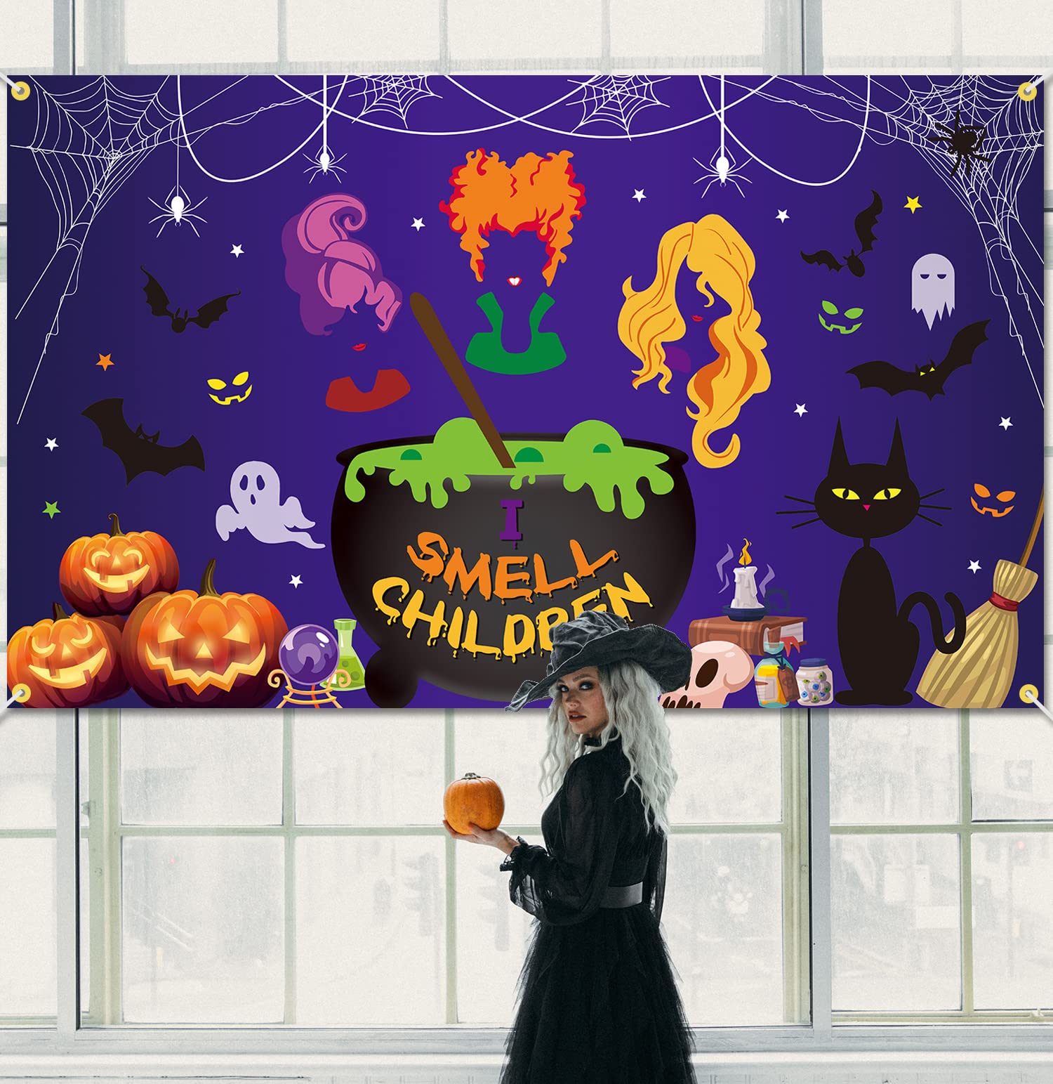 JKQ Halloween I Smell Children Backdrop Banner 73 x 43 Inch Large Size Halloween Drink Up Witches Background Banner with Pumpkin Bat Spider Signs Halloween Baby Shower Birthday Party Decorations