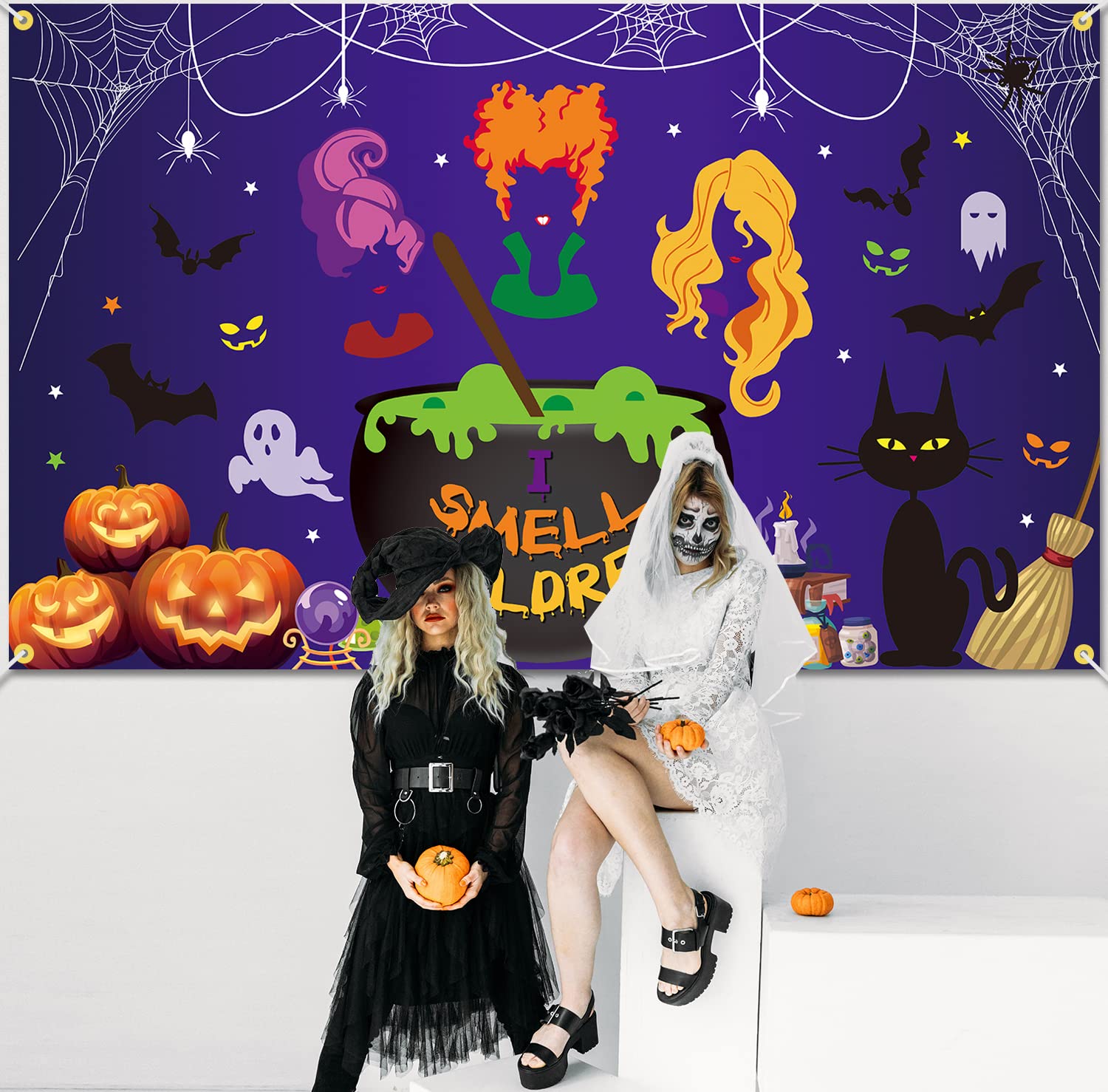 JKQ Halloween I Smell Children Backdrop Banner 73 x 43 Inch Large Size Halloween Drink Up Witches Background Banner with Pumpkin Bat Spider Signs Halloween Baby Shower Birthday Party Decorations