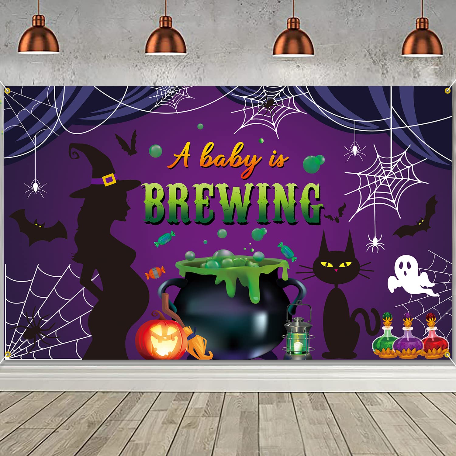 PTFNY Halloween A Baby is Brewing Backdrop Banner Halloween Baby Shower Decorations for Baby Shower Costume Birthday Party Supplies Decorations Banner Photo Booth Props Gender Reveal Party Supplies