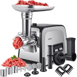 altra life meat grinder, sausage stuffer, [2800w max] electric meat mincer with stainless steel blades & 3 grinding plates,sausage maker & kubbe kit for home kitchen & commercial using (mg090-m)