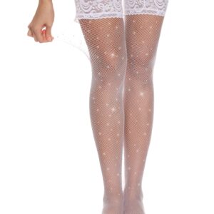 RSLOVE Women Thigh High Stocking Silicone Lace Top Pantyhose Socks Sexy Sparkly Rhinestone Fishnets Stocking White