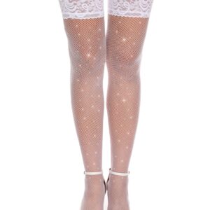 RSLOVE Women Thigh High Stocking Silicone Lace Top Pantyhose Socks Sexy Sparkly Rhinestone Fishnets Stocking White