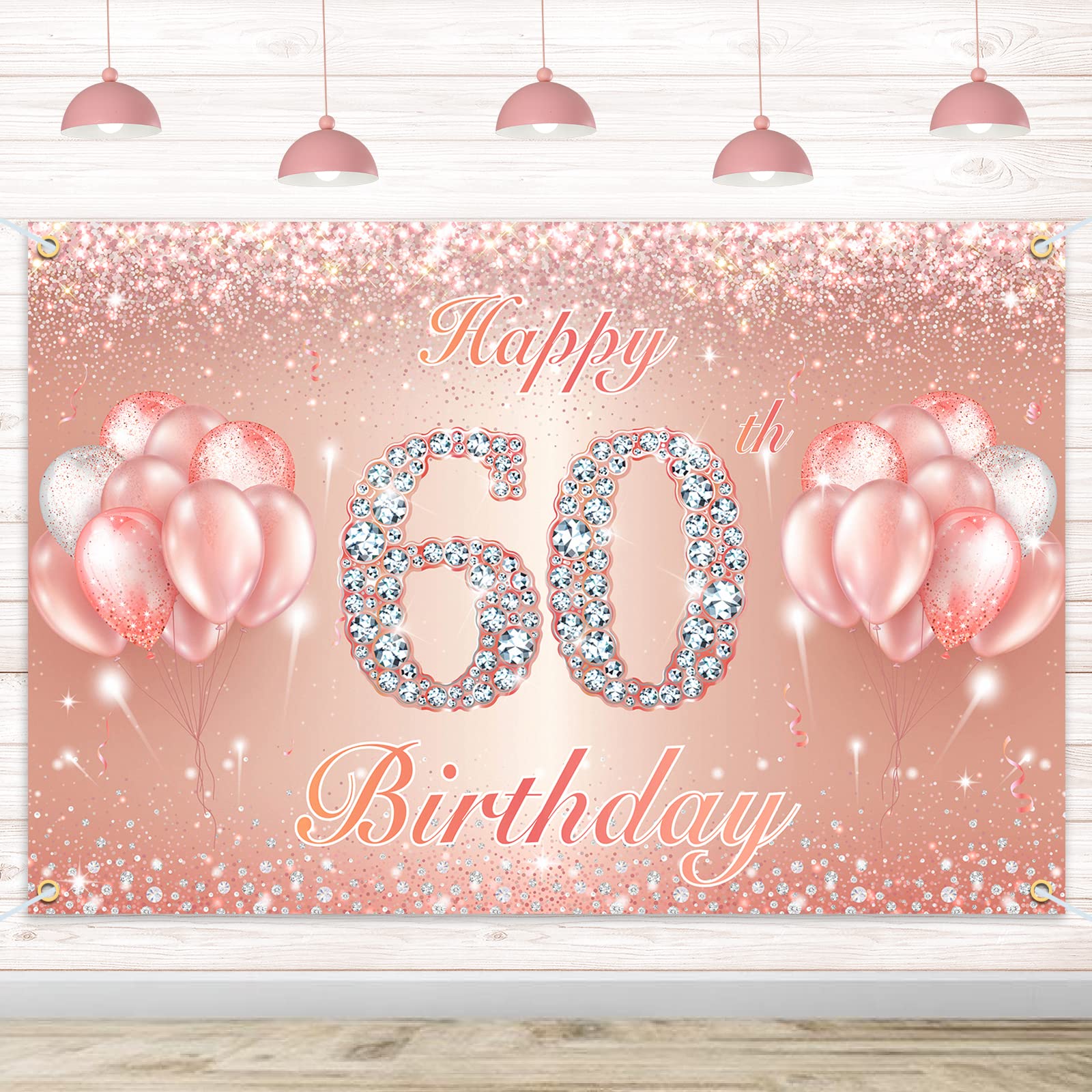 Happy 60th Birthday Banner Backdrop - 60 Birthday Party Decorations Supplies for Women or Men - Rose Gold 4 x 6ft