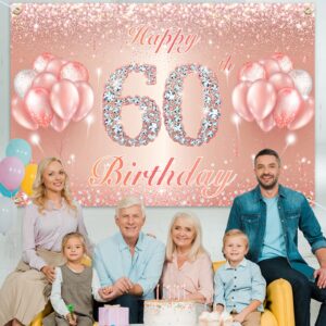 Happy 60th Birthday Banner Backdrop - 60 Birthday Party Decorations Supplies for Women or Men - Rose Gold 4 x 6ft