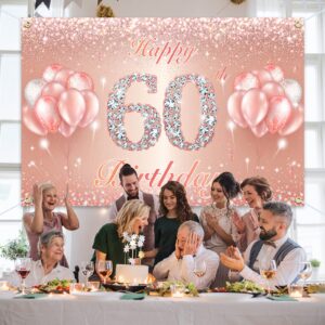 Happy 60th Birthday Banner Backdrop - 60 Birthday Party Decorations Supplies for Women or Men - Rose Gold 4 x 6ft