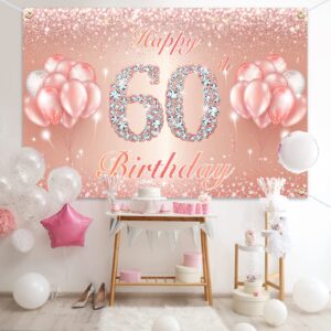 Happy 60th Birthday Banner Backdrop - 60 Birthday Party Decorations Supplies for Women or Men - Rose Gold 4 x 6ft