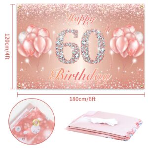 Happy 60th Birthday Banner Backdrop - 60 Birthday Party Decorations Supplies for Women or Men - Rose Gold 4 x 6ft