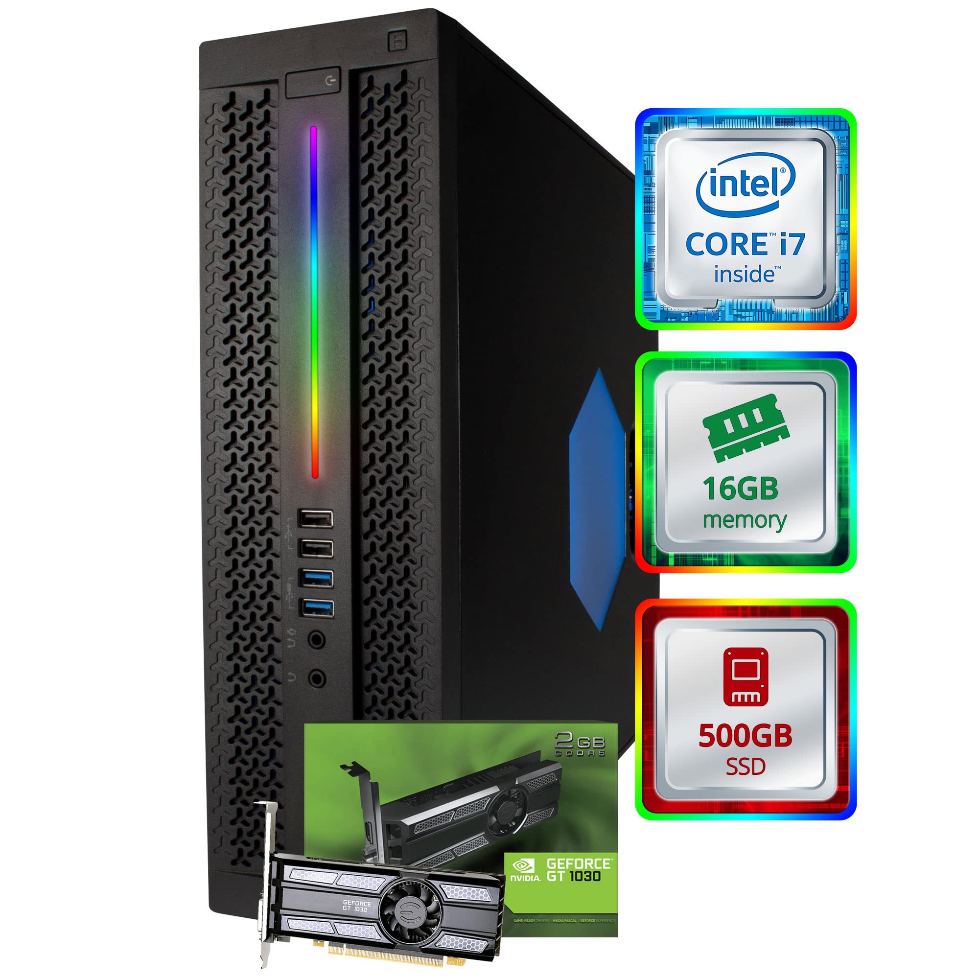 HP Elite RGB Gaming Desktop Computer | Intel Quad Core i7 (4.0GHz Turbo) | GeForce GT 1030 (2GB) GPU | 16GB DDR4 RAM | 500GB Solid State SSD | 5G-WiFi + Bluetooth | Win 10 Gaming PC (Renewed)