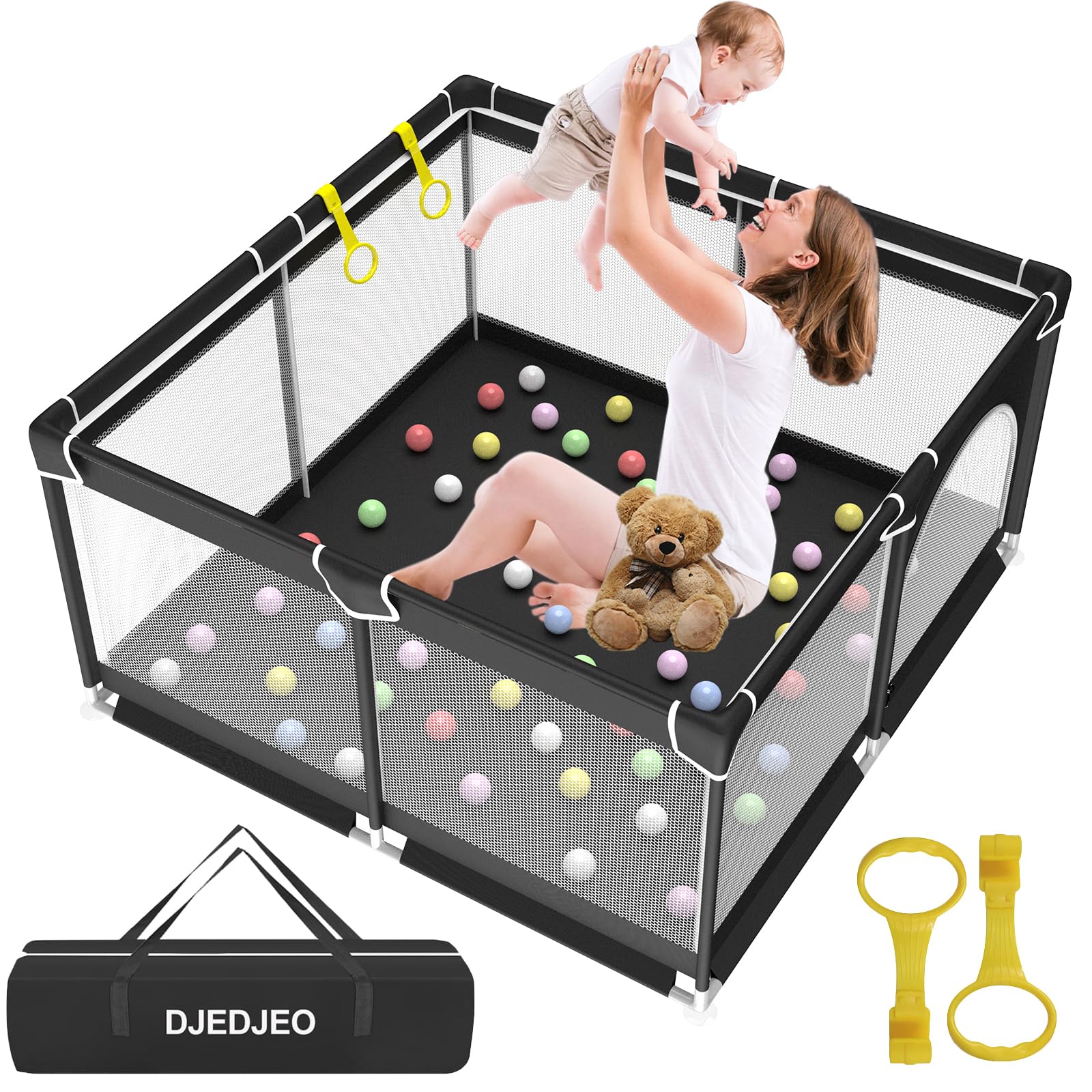 DJEDJEO Baby Playpen for Toddlers, Playard for Baby, Baby Gate Playpen, Indoor & Outdoor Kids Activity Center, Sturdy Safety Play Yard with Hand Rings(Black,50”×50”)