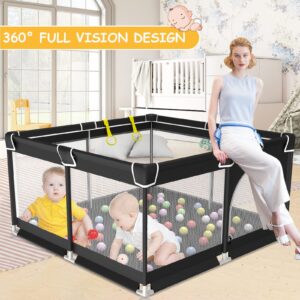 DJEDJEO Baby Playpen for Toddlers, Playard for Baby, Baby Gate Playpen, Indoor & Outdoor Kids Activity Center, Sturdy Safety Play Yard with Hand Rings(Black,50”×50”)