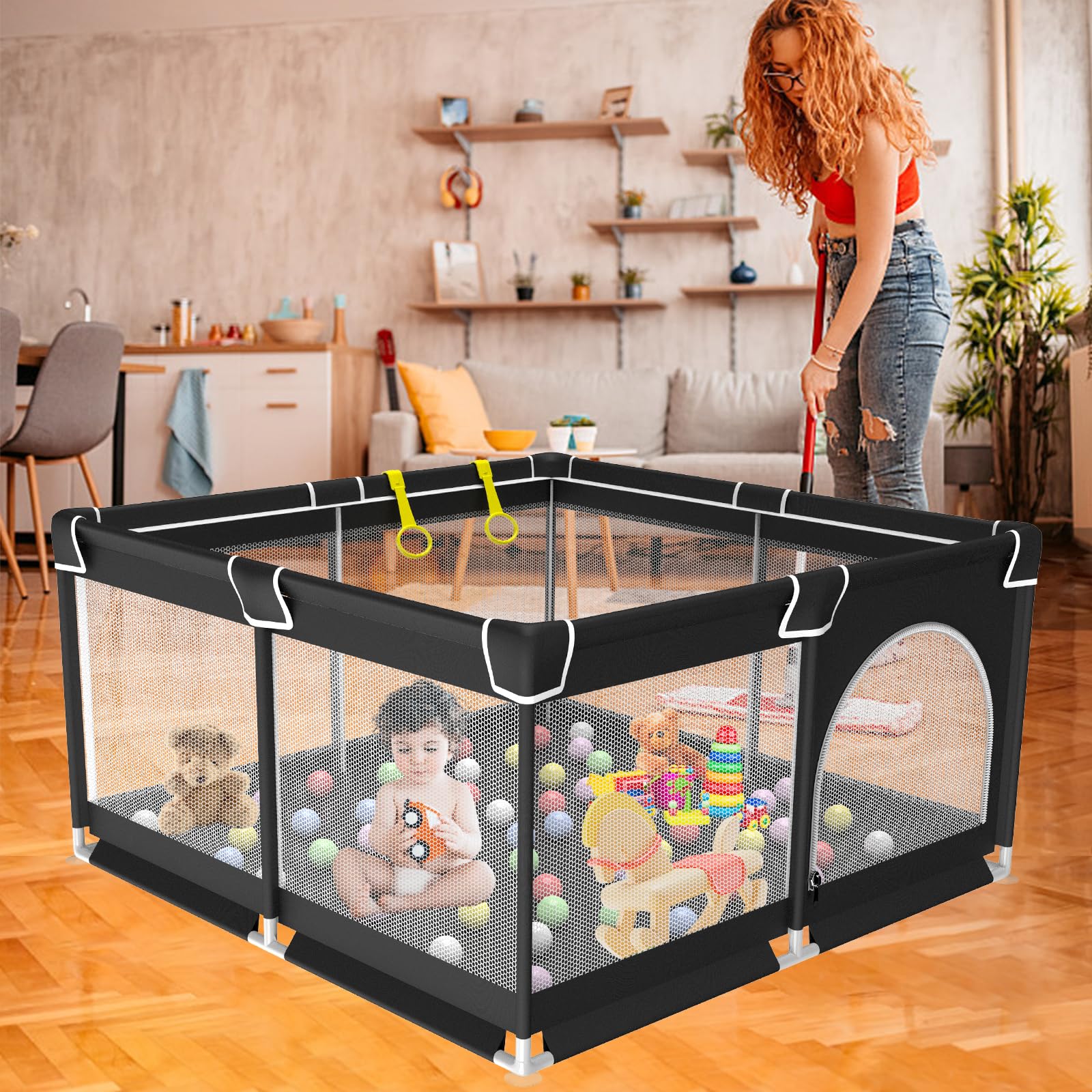 DJEDJEO Baby Playpen for Toddlers, Playard for Baby, Baby Gate Playpen, Indoor & Outdoor Kids Activity Center, Sturdy Safety Play Yard with Hand Rings(Black,50”×50”)