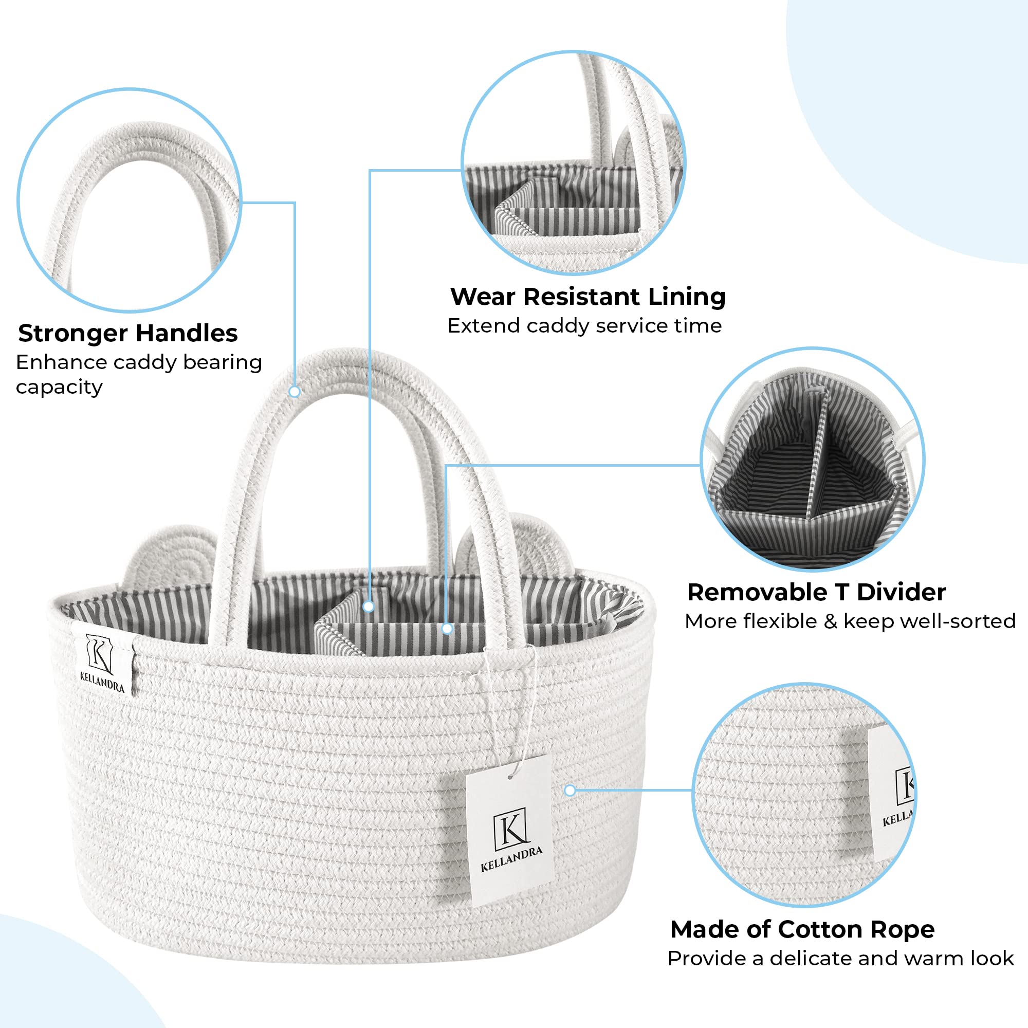 KELLANDRA Baby Diaper Caddy Organizer | 100% Cotton Rope Basket | Newborn Baby Shower Basket for Diapers, Bibs, Toys and Baby Wipes | White (DC279)