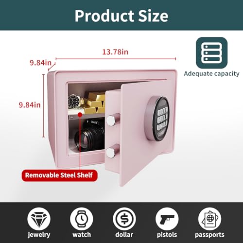 GOLDENKEY Digital Security Safe and Lock Box,Small Safe box for Money, Keypad Lock,Perfect for Home Office Hotel Business Jewelry Gun Use Storage,0.5 Cubic Feet,Pink