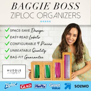 BAGGIE BOSS 4PC Configurable Bamboo Ziplock Bag Organizer Dispensers with Easy-Find Etched Labels - Fits Slider Bags, Solid Thick Bamboo Baggie Organizer, Easy-Read Etched Labels, Baggie Holder