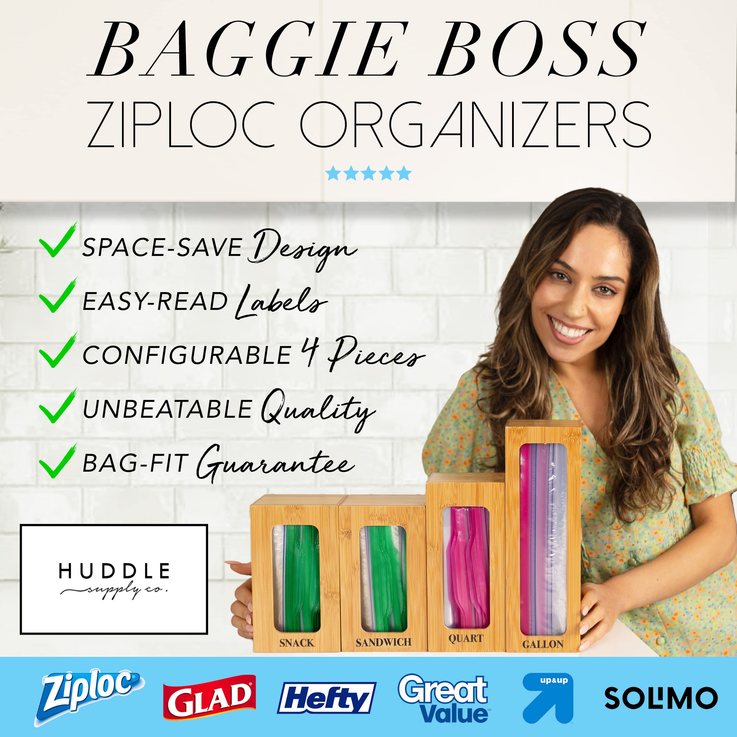 BAGGIE BOSS 4PC Configurable Bamboo Ziplock Bag Organizer Dispensers with Easy-Find Etched Labels - Fits Slider Bags, Solid Thick Bamboo Baggie Organizer, Easy-Read Etched Labels, Baggie Holder