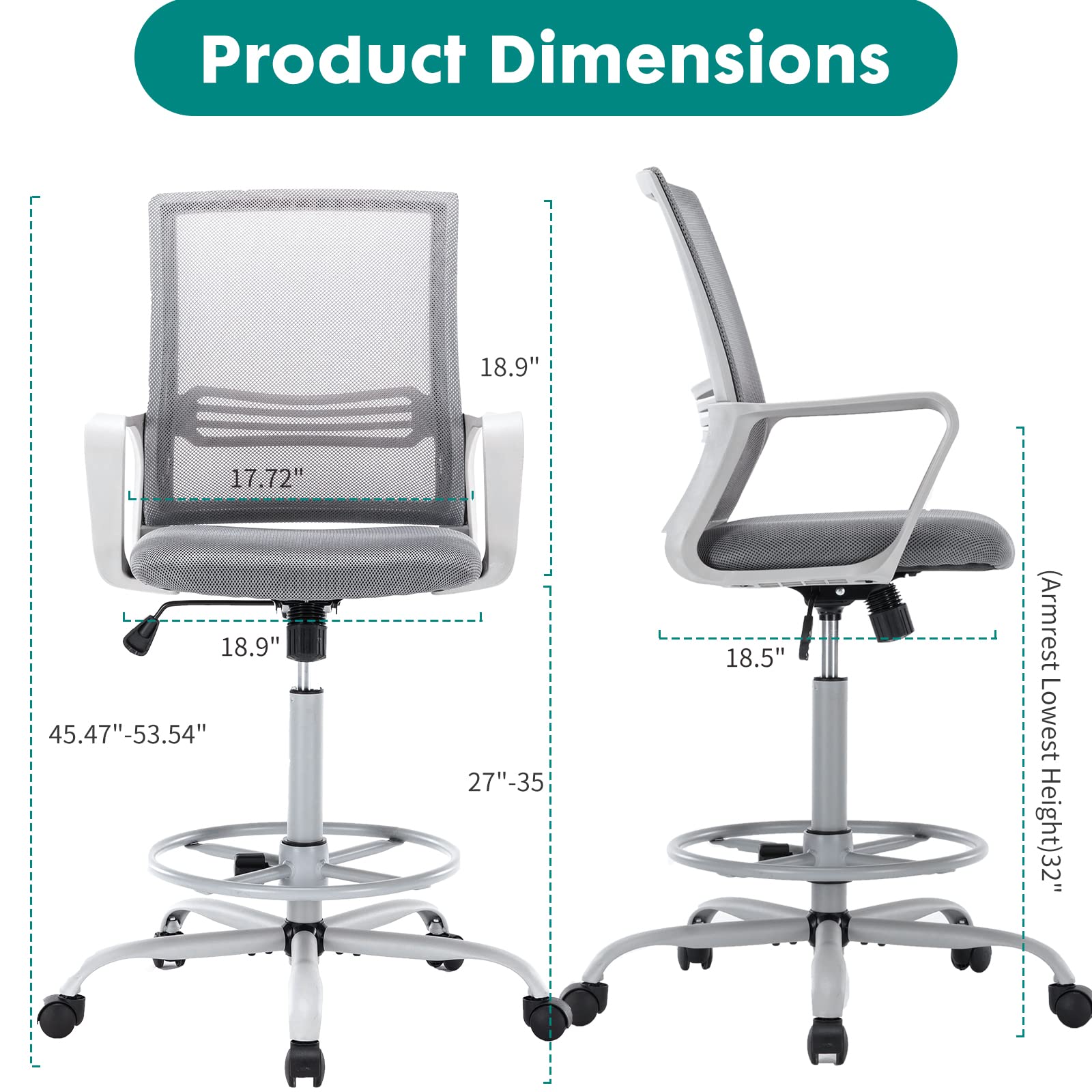 Drafting Chair - Tall Standing Office Desk Chair with Adjustable Foot Ring, Chair with Ergonomic Lumbar Support, Adjustable Height, Breathable Mesh