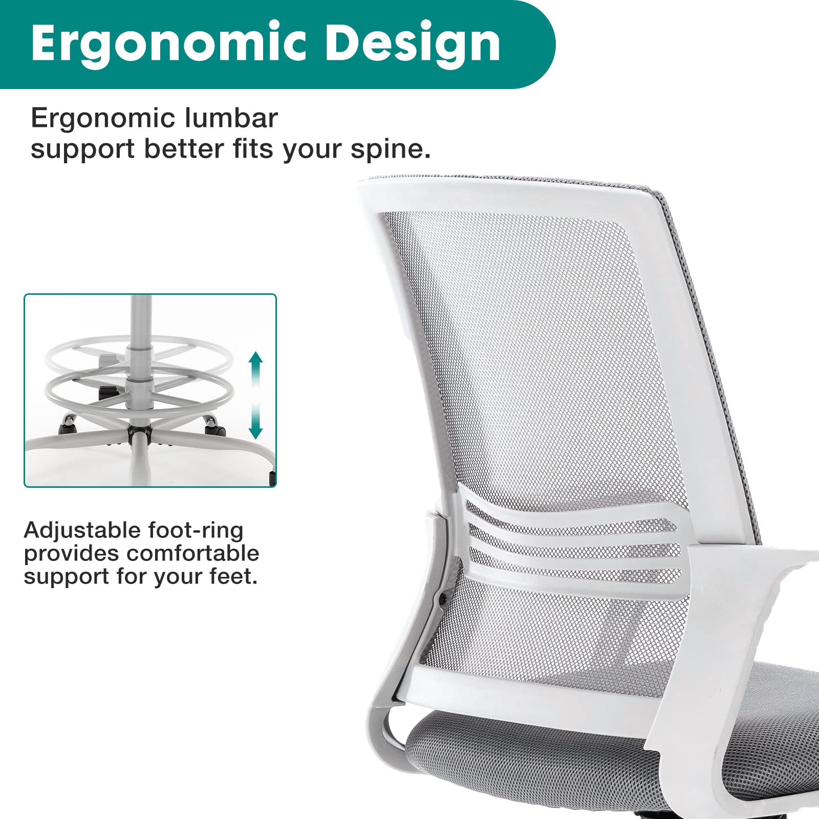 Drafting Chair - Tall Standing Office Desk Chair with Adjustable Foot Ring, Chair with Ergonomic Lumbar Support, Adjustable Height, Breathable Mesh