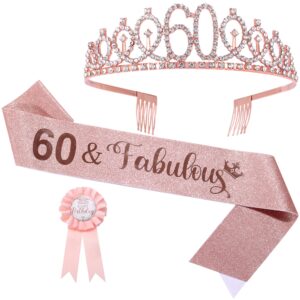 junyruny 60th birthday sash and tiara rose gold 60th birthday decorations for women birthday gifts for women 60-year-old happy 60 birthday party favor supplies