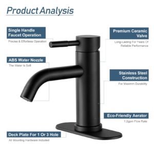 GENBONS Black Bathroom Faucet Single Hole RV Bathroom Faucet Stainless Steel Bathroom Sink Faucet 1 Hole with 3 Hole Deck Plate，Water Supply Lines with cUPC Certification