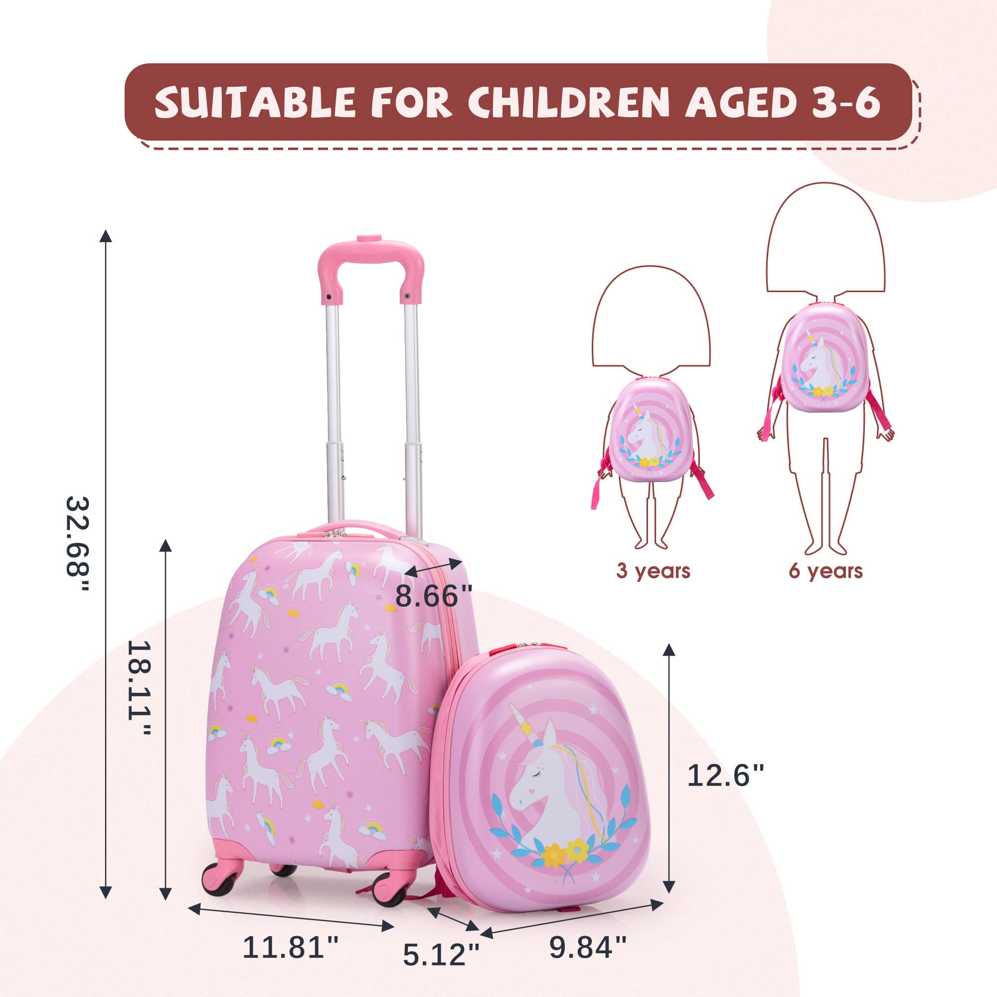 VLIVE Kids Luggage Set for Girls, 12” Backpack on Carry on Luggage for Kids, Travel Suitcase with Wheels for 3-5 years old (Unicorn)