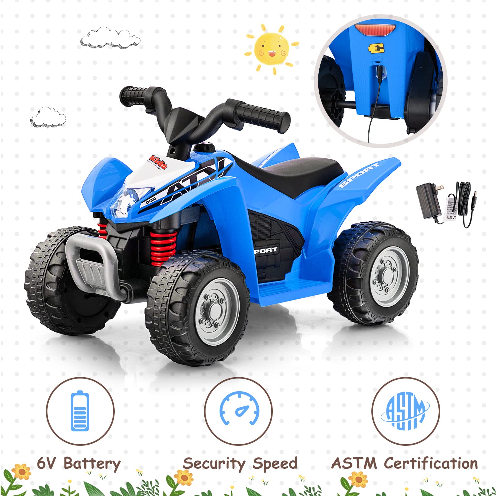 OLAKIDS Kids Ride On ATV, 6V Electric Vehicle for Toddlers, 4 Wheeler Battery Powered Motorized Quad Toy Car for Boys Girls with LED Lights, Horn (Blue)