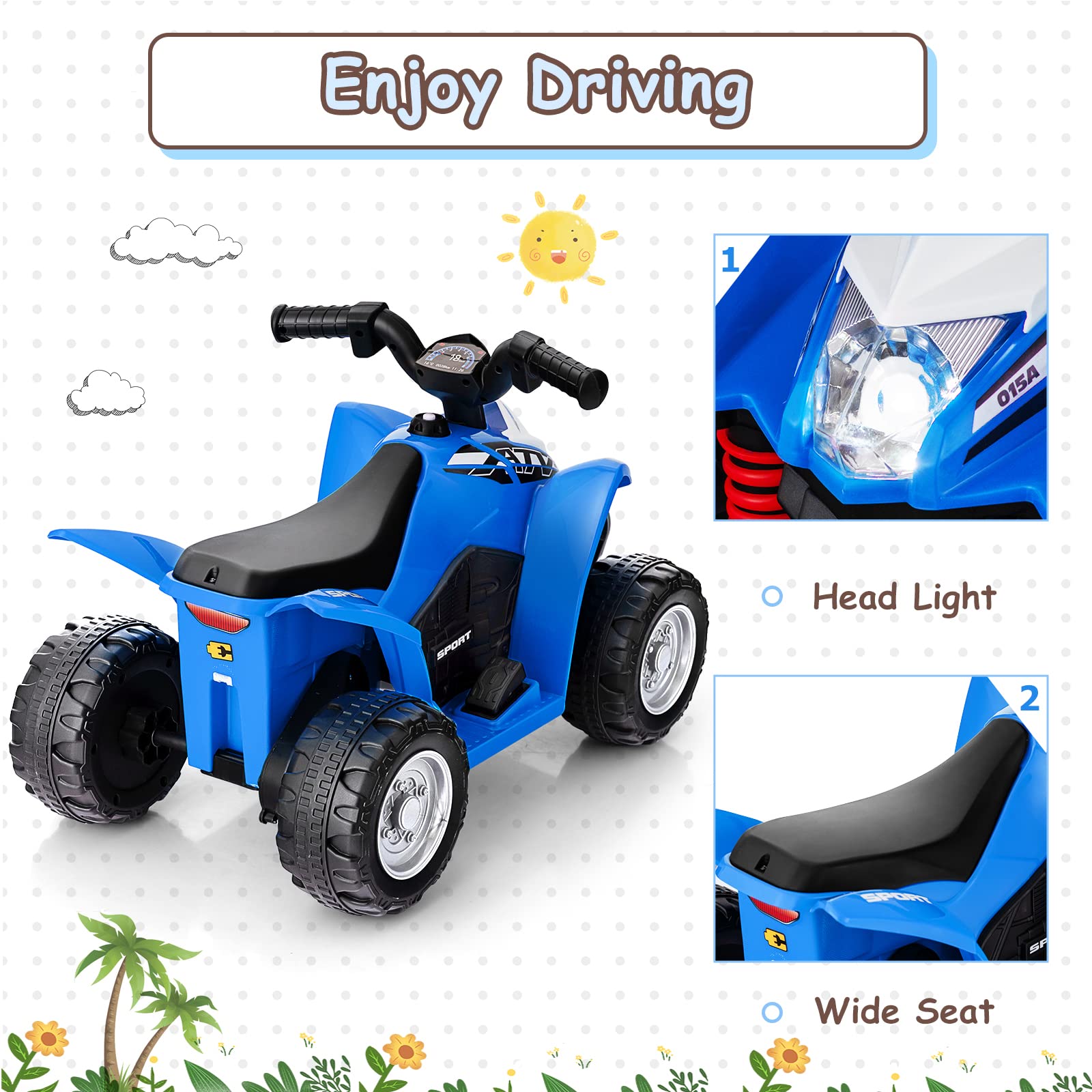 OLAKIDS Kids Ride On ATV, 6V Electric Vehicle for Toddlers, 4 Wheeler Battery Powered Motorized Quad Toy Car for Boys Girls with LED Lights, Horn (Blue)