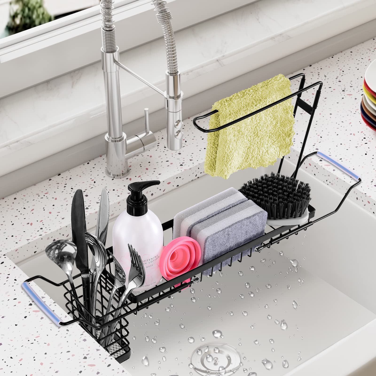 LOLOST Sponge Holder for Kitchen Sink, Expandable (16.7"-21.3") Sink Caddy Sink Organizers, Stainless Steel 4-in-1 Dish Sponges Brush Soap Holder with Dishcloth Towel Knife Holder Black