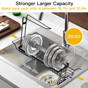 LOLOST Sponge Holder for Kitchen Sink, Expandable (16.7"-21.3") Sink Caddy Sink Organizers, Stainless Steel 4-in-1 Dish Sponges Brush Soap Holder with Dishcloth Towel Knife Holder Black