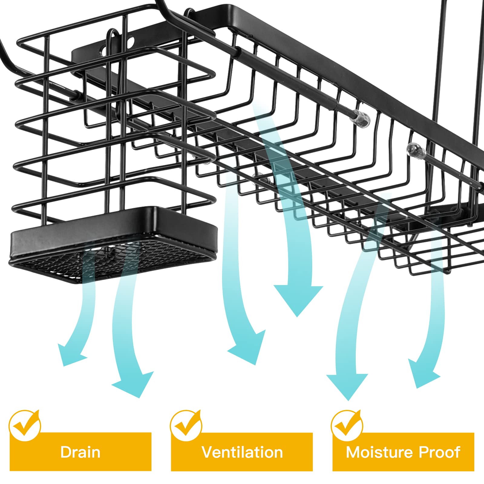 LOLOST Sponge Holder for Kitchen Sink, Expandable (16.7"-21.3") Sink Caddy Sink Organizers, Stainless Steel 4-in-1 Dish Sponges Brush Soap Holder with Dishcloth Towel Knife Holder Black